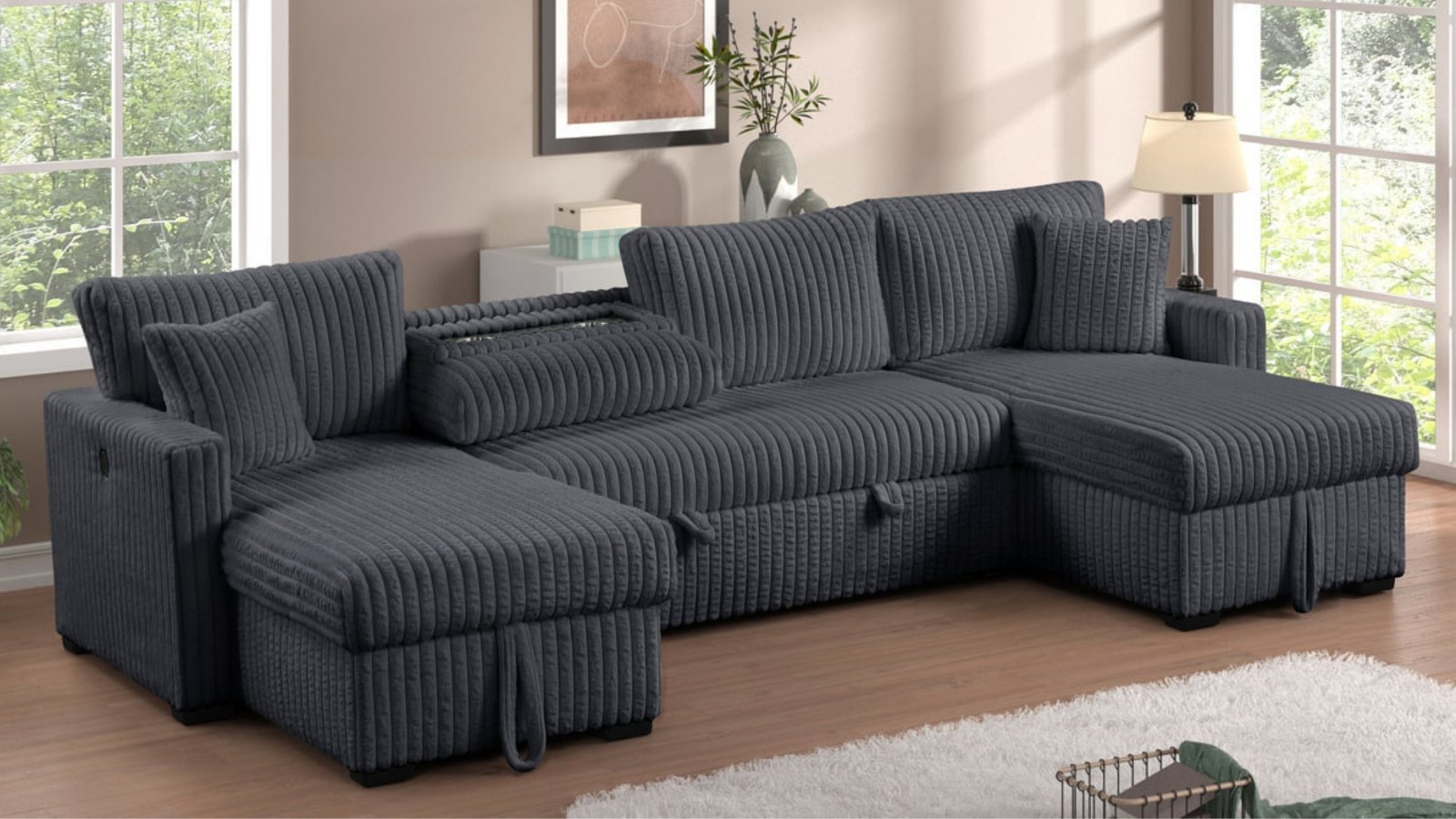 July Black Double Storage Chaise Sectional (w/ Pull Out Bed) - Bestbuy ...