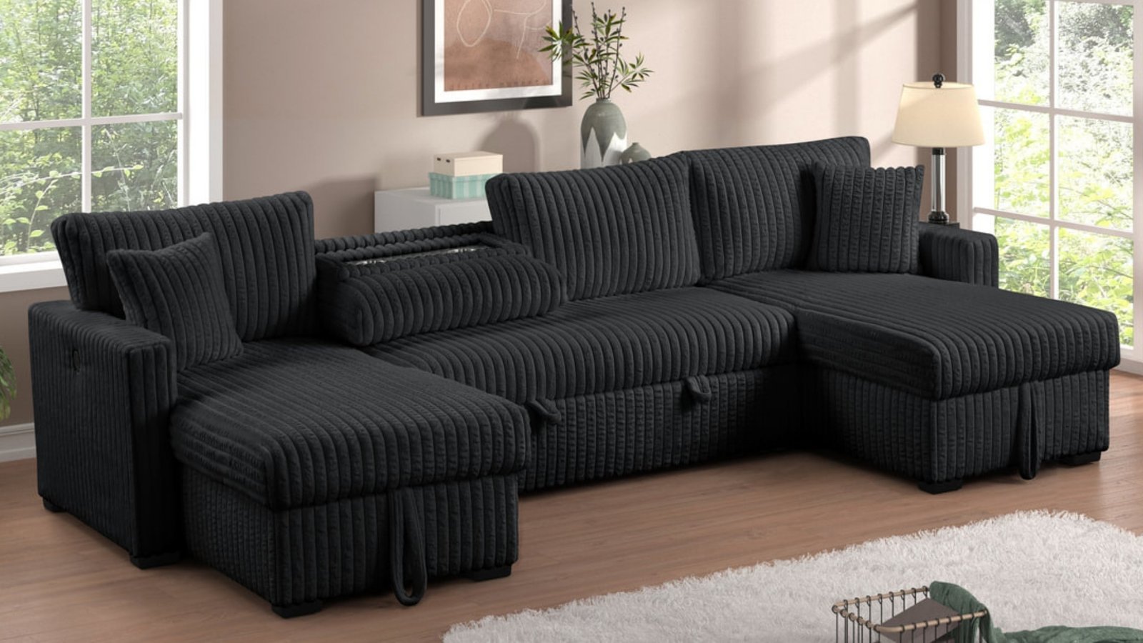 July Black Double Storage Chaise Sectional (w/ Pull Out Bed) - Bestbuy ...